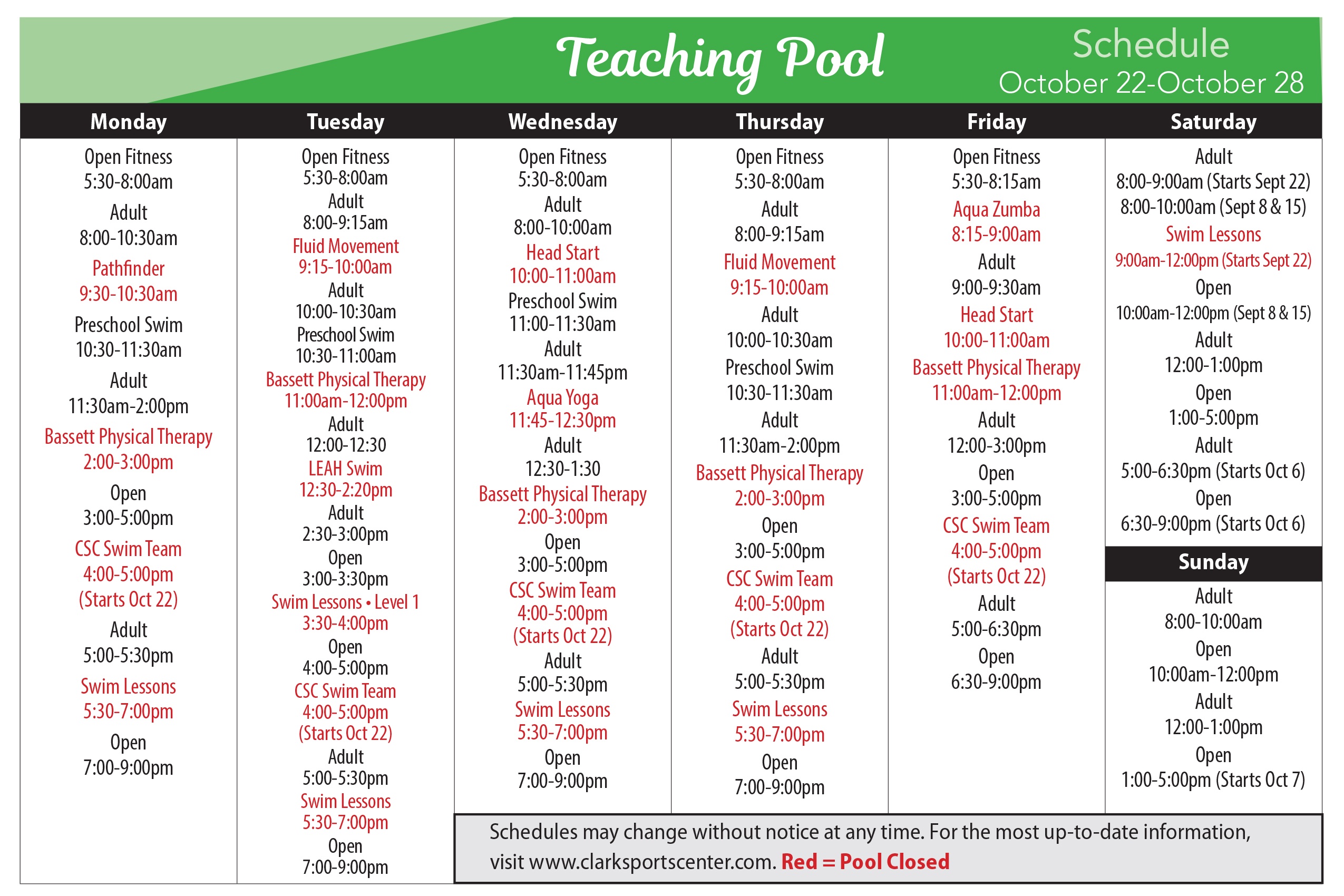 Teaching Pool Schedule Oct 2018 | The Clark Sports Center