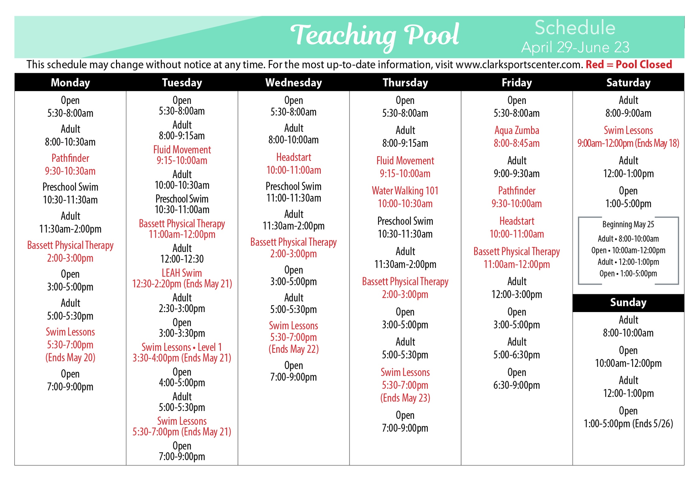 Teaching-Pool-Spring-2-2019 | The Clark Sports Center