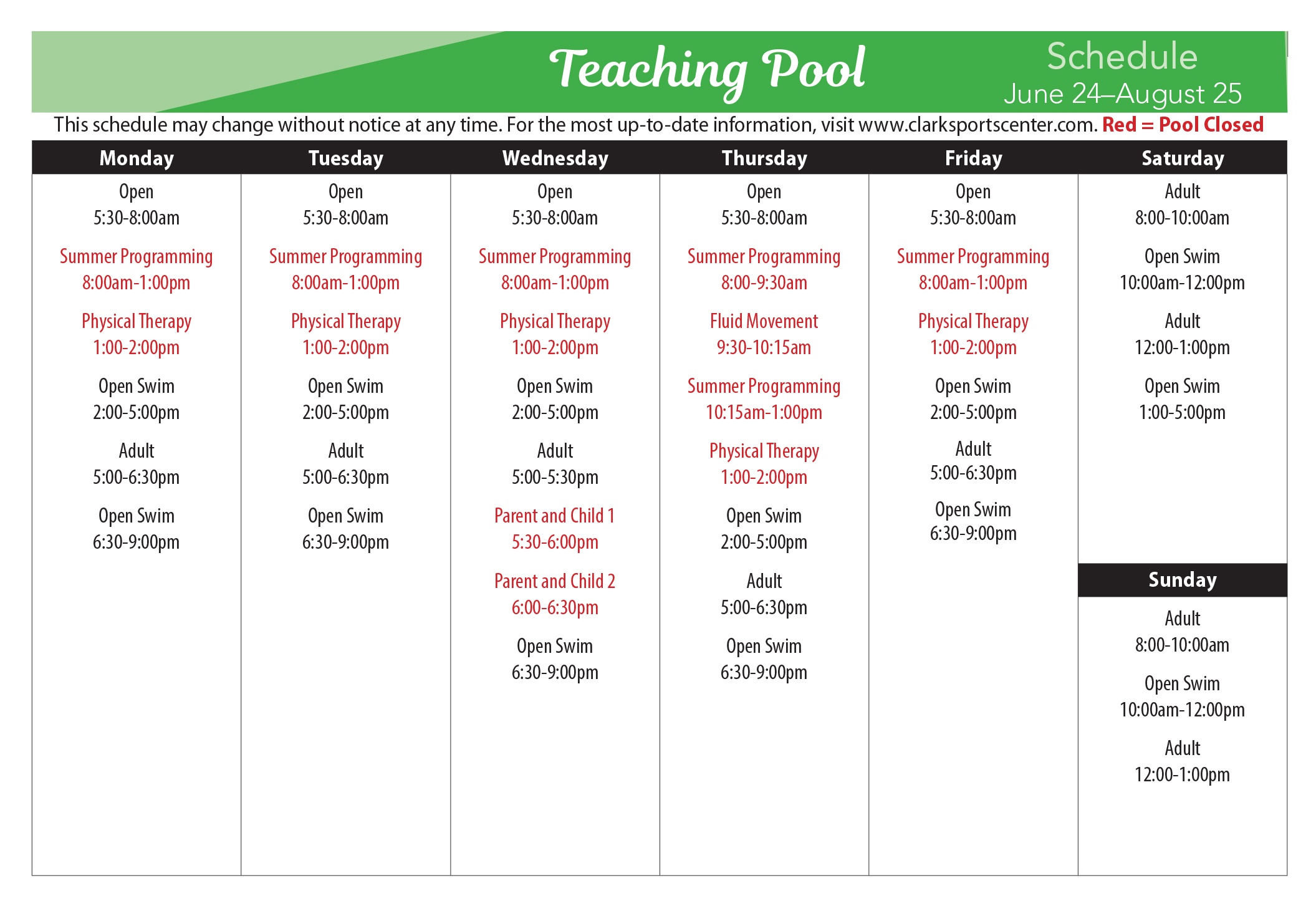 Aquatics-summer-Teaching Pool-2019 | The Clark Sports Center